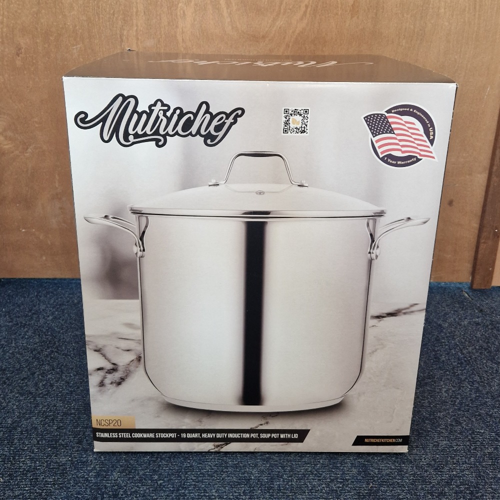 New NutriChef 20 Litre Heavy Duty Induction Stainless Steel Stock Pot with See through Lid ...